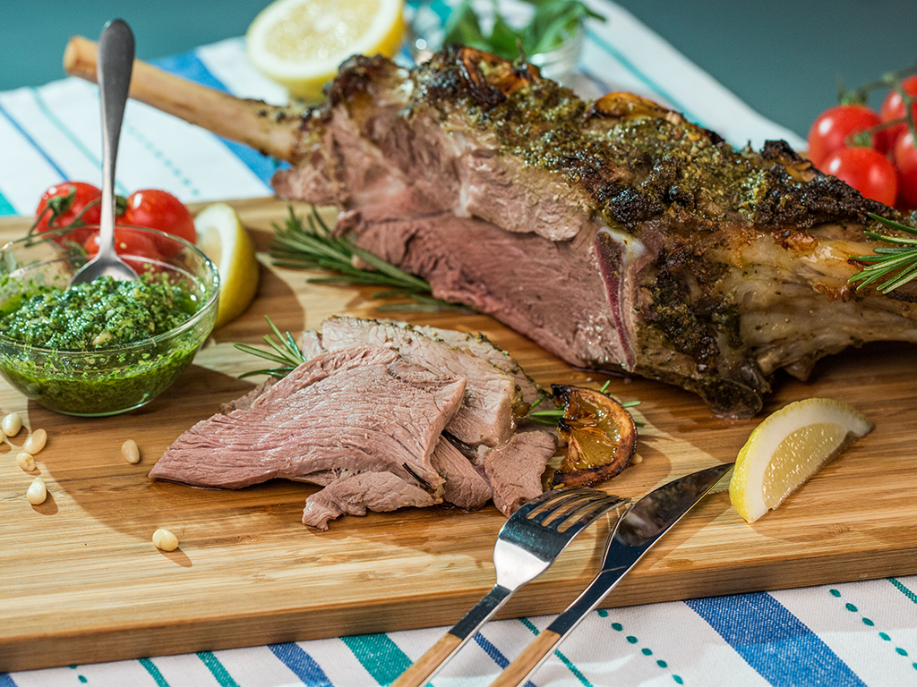Roasted Lamb Leg with Basil and Mint Pesto